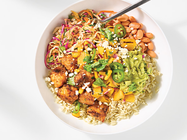 Catfish Burrito Bowl with Mango-Peach Salsa | Hy-Vee
